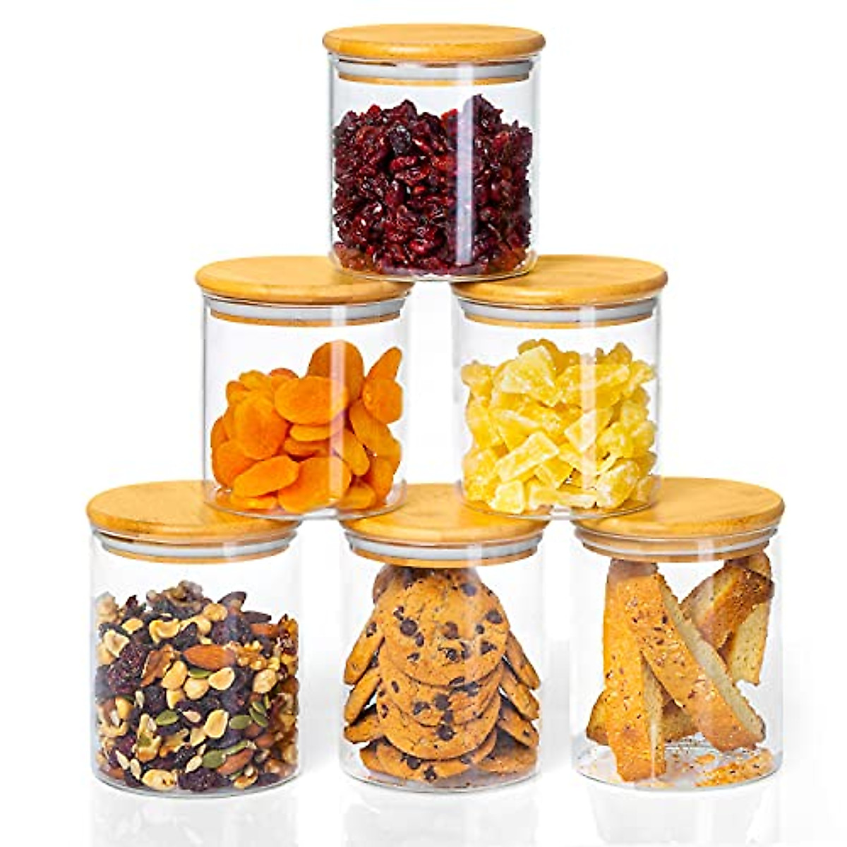 Crutello Glass Food Storage Containers with Bamboo Lids, 6 Pack - Three 26 Fluid oz and Three 23 Fluid oz Airtight Clear Kitchen Organization Canisters is an Family-Owned American Brand