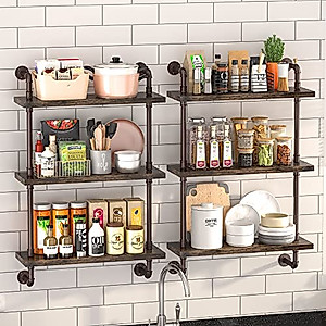 PUSDON Industrial Pipe Shelving Wall Mounted 24 Inch, 3 Tier Bathroom Floating Shelves Bronze Metal, Wood Hanging Storage Bookshelf, Heavy Duty Sturdy Rack for Home Office Garage Farmhouse Bar