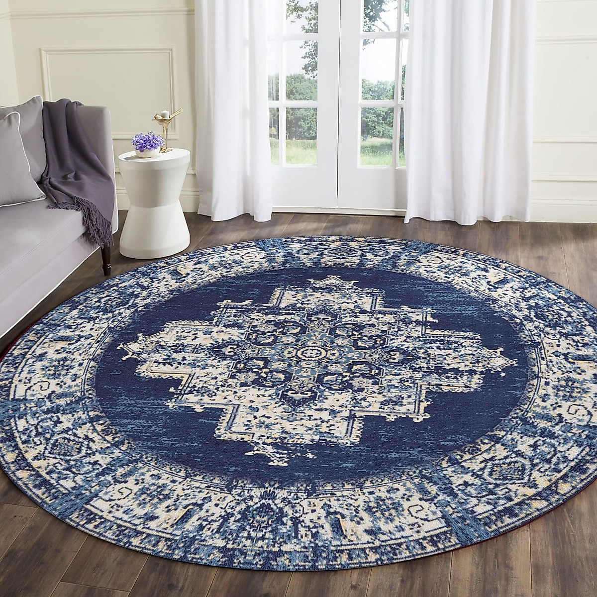 vivorug Washable Rug, Ultra Soft - 4' Round Rug - Non Slip, Stain Resistant Area Rugs for Living Room Bedroom, Vintage Inspired (Grey/Medallion, 4 Round)
