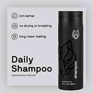 Black Wolf - Everyday Men’s Shampoo, 12 Fl Oz - Charcoal Powder Cleanses Scalp and Fights Dirty & Greasy Hair - Thick and Rich Lather - For All Hair Types