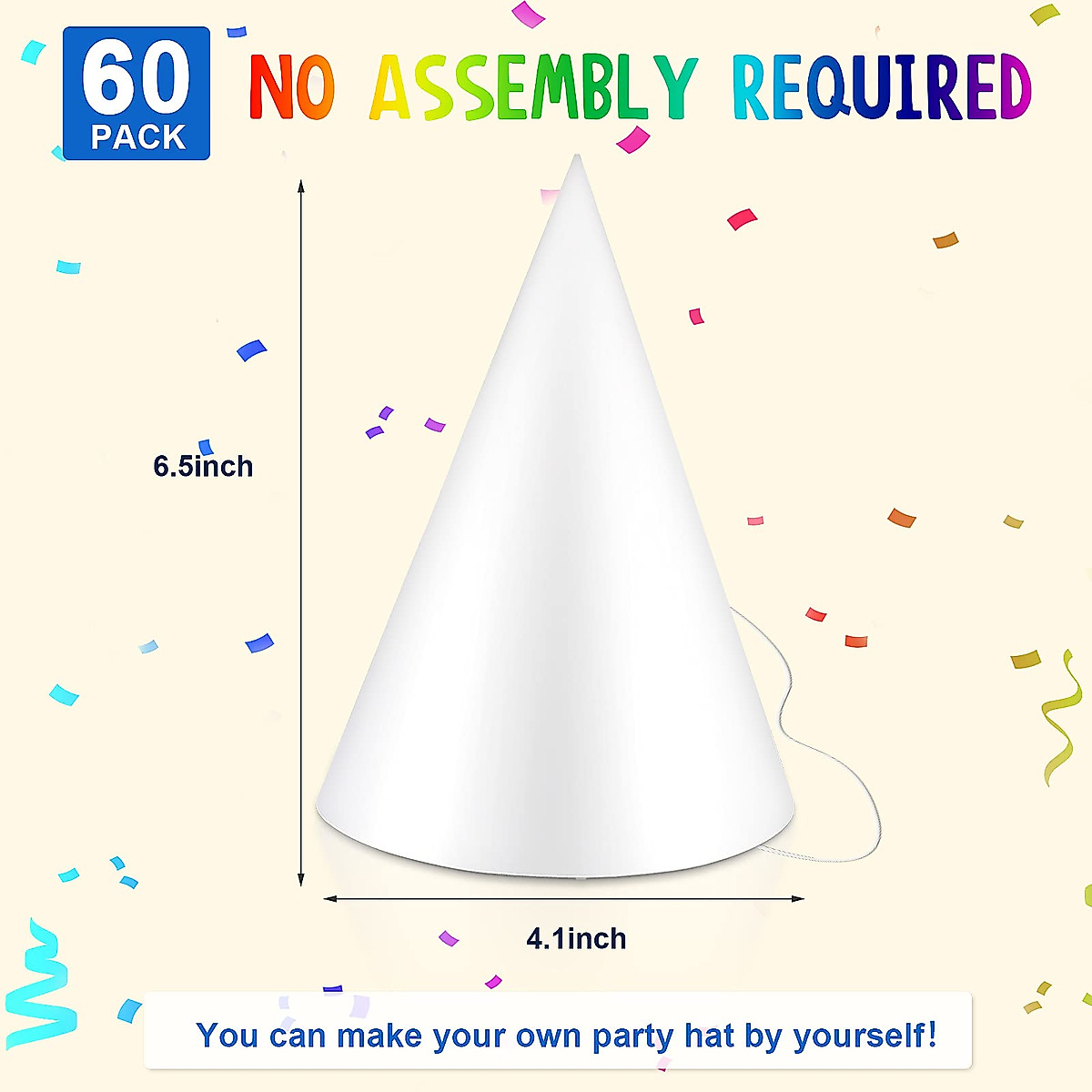 60 Pieces White Party Cone Hats Party Paper Cone Hats White Party Paper Hats for Adults DIY Art Craft Birthday Party Supplies, 6.5 x 4.1 Inch