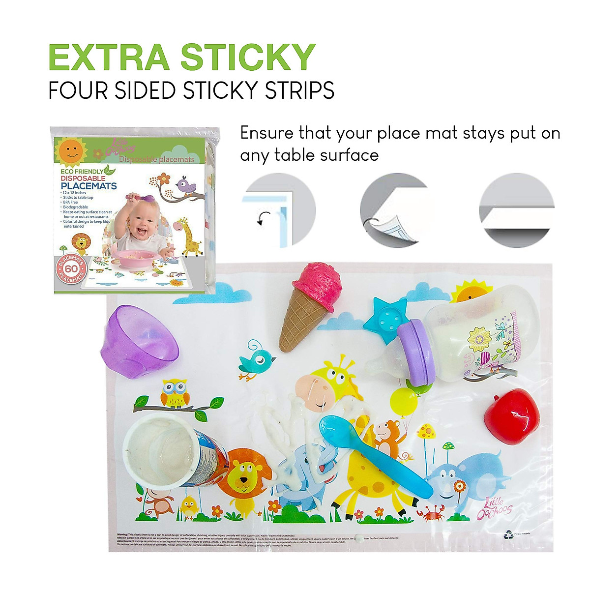 Safari Disposable Placemats for Table Top 60 Mats for Children Kids Toddlers Baby Perfect to use as Restaurants Place mats BPA Free Eco Friendly Sticks to Table Fun Designs Keep Neat Now!