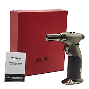 JOBON Torch Lighter, Double Flames Refillable Culinary Lighter with Continuous Flame Lock and Adjustable Flame for Kitchen, BBQ, Baking, Creme Brulee (Butane Gas Not Included) (Black Brushed - Black)