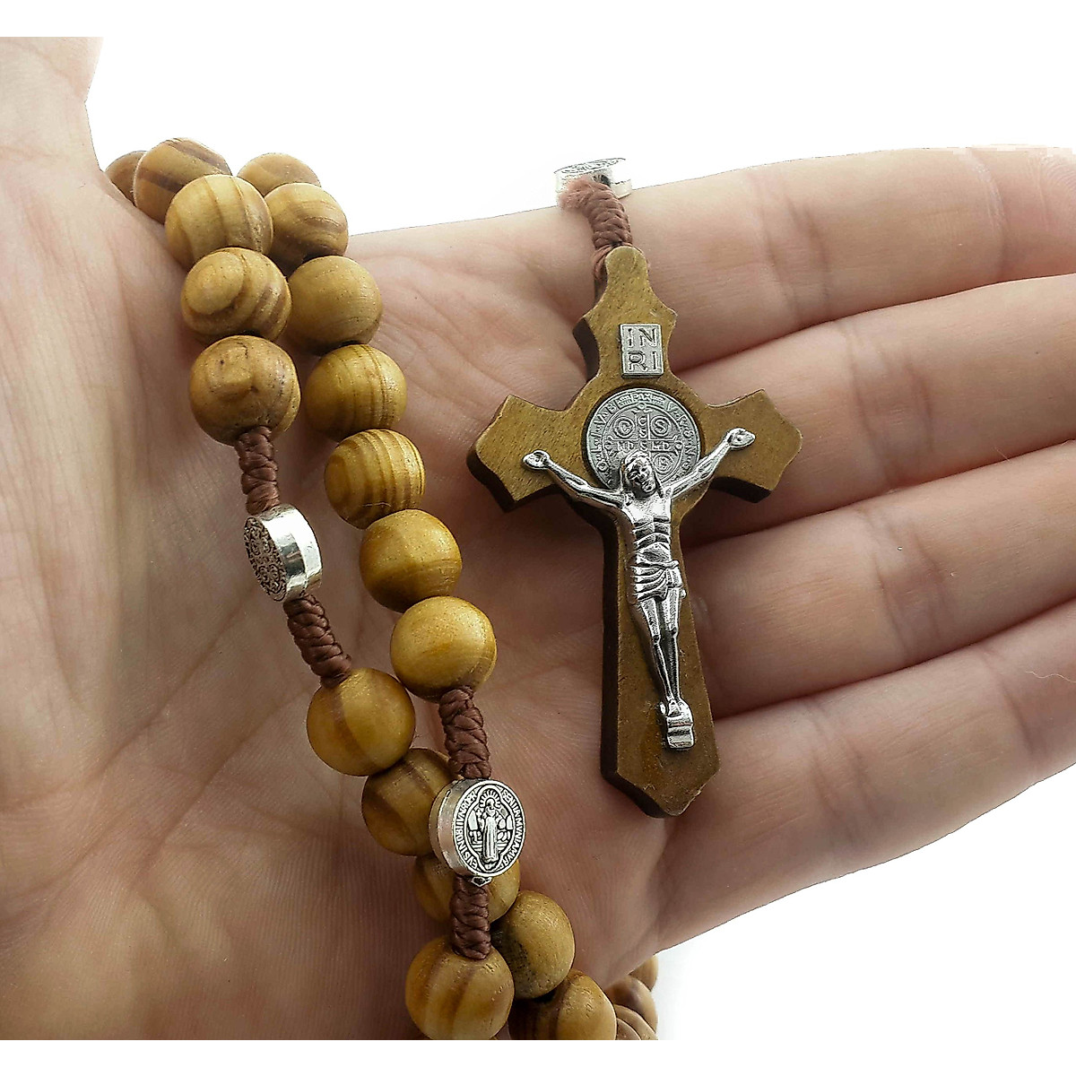 Nazareth Store Wood Beads Rosary Necklace Saint Benedict Medal & Catholic Cross Religious Prayer Chaplet String Handmade - Velvet Bag