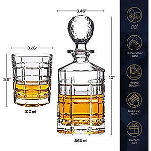 Whiskey Decanter Set with Glasses Regal Trunk & Co, 4 Square Engraved Tumblers Whisky Decanter & Glass Set, Crystal Decanter Set Bourbon and Scotch, Gift Box and with Liquor Glass Polishing Cloth