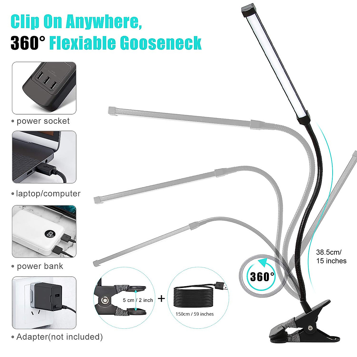 Morw Winmor Led Clip On Desk Lamp,3 Color 11 Brightness,64 LED 10W Book Reading Light,USB Plug,Stepless Dimmer Auto Off,Clamp Desk Lights for Bedside Computer Home Office