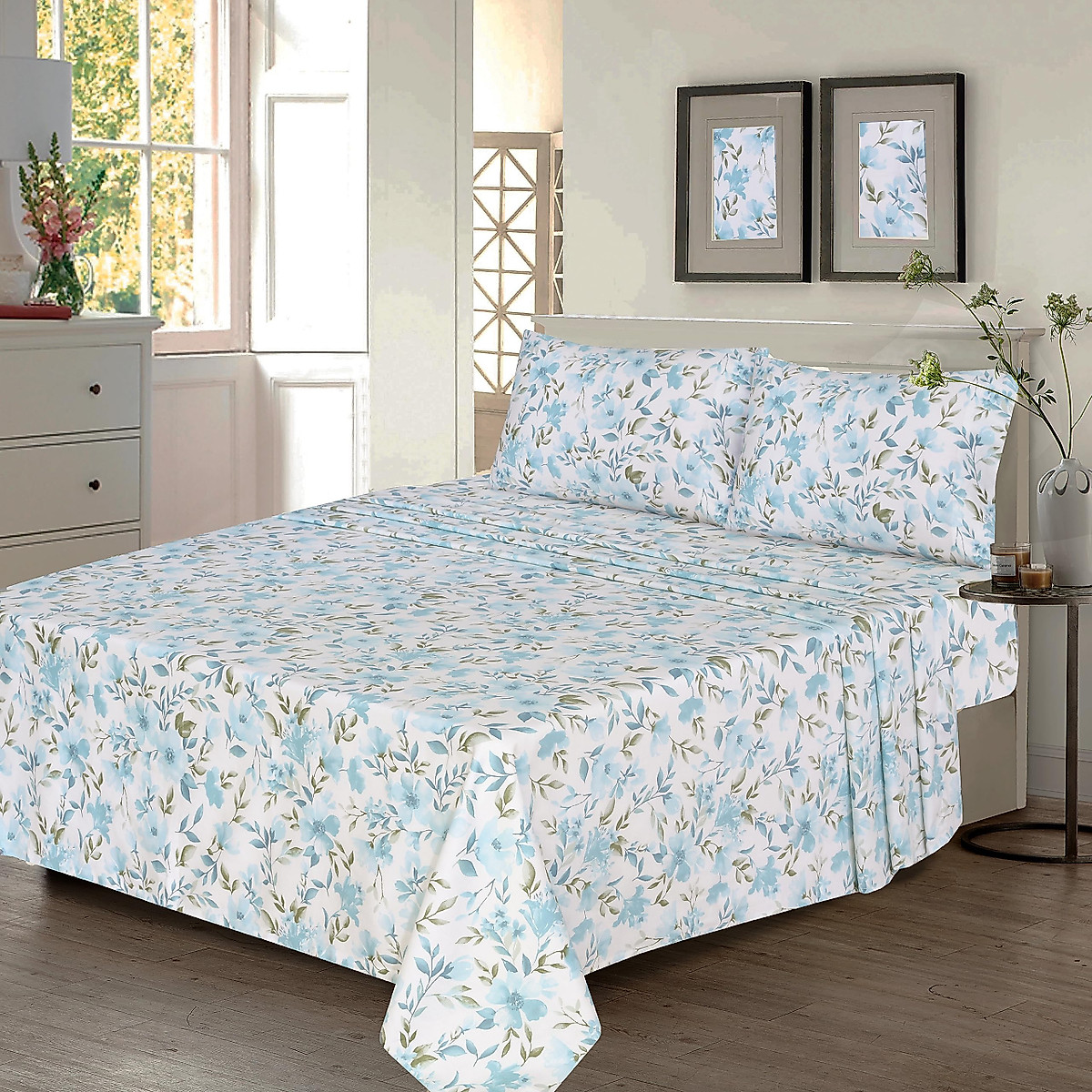 RUVANTI 100% Cotton Sheets for Queen Size Bed - Cooling Sateen Sheets - Breathable & Durable Queen Sheet Set - 16 Inches Deep Pocket Queen Size Sheets - Erica Floral - 4 Pieces