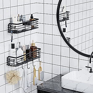 Tindbea Shower Caddy, Adhesive Shower Shelves with 6 Hooks, Bathroom Shower Organizer Racks No Drilling, Rustproof Stainless Steel Shower Storage Shelf for Inside Shower, 2 Pack, Matte Black