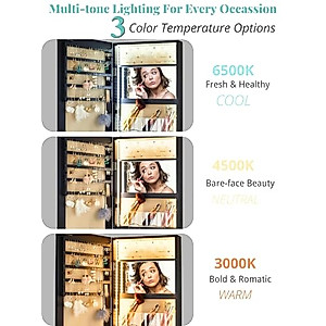 LUXFURNI Mirror Jewelry Cabinet Wall-Mount/Door-Hanging Armoire, Full length Mirror Lockable Makeup Storage Organizer w/Cosmetic Box (Black)