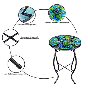MUMTOP Outdoor Side Tables Patio Table 14’’ Round Mosaic Accent Table Peacock Glass Plant Stand Decor for Garden, Balcony Indoor Use…
