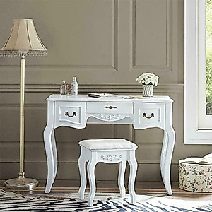 WINVOX Vanity Set, White Tri-Folding Mirror Vanity Set 5 Drawers Dressing Table Makeup Desk Stool ZLYCFCDUS