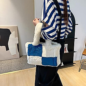 GJOSYOI Furry Purse Fashionable Furry Tote Bag Shoulder Crossbody Winter Fashion Patchwork Purse (Color : Blue, Size : Obe Szie)