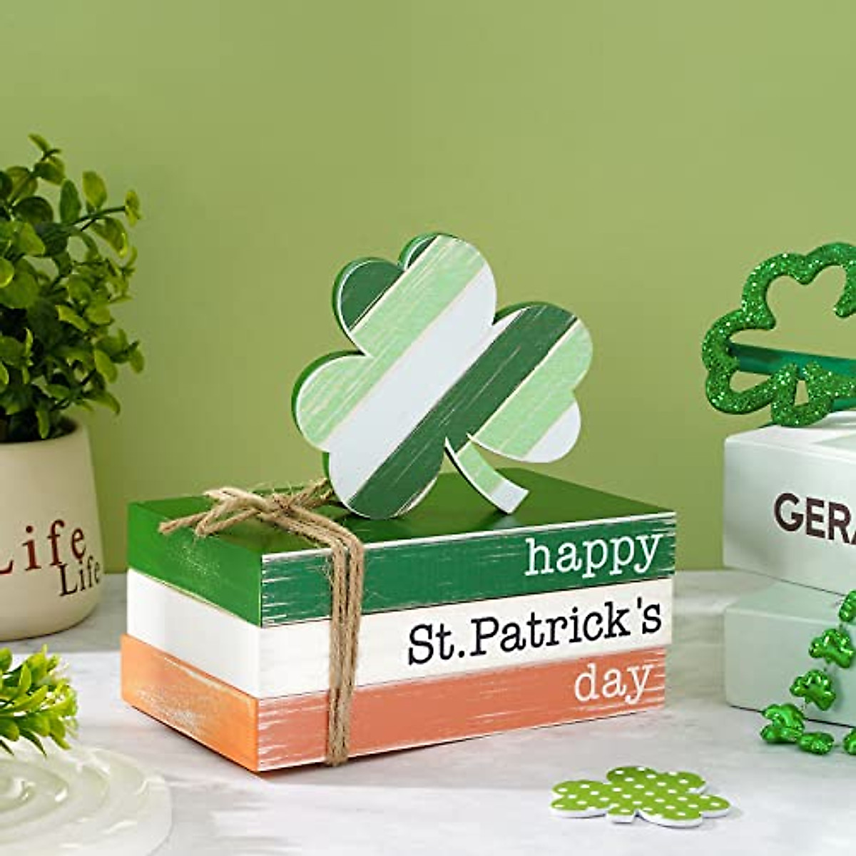 Whaline St. Patrick's Day Wooden Tiered Tray Decor Faux Decorative Stacked Books Bundle Happy St. Patrick's Day Wooden Block Sign with Shamrock for Irish Holiday Kitchen Home Table Decor