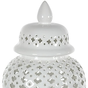 Oriental Furniture 16" Carved Lattice Decorative Temple Jar, White
