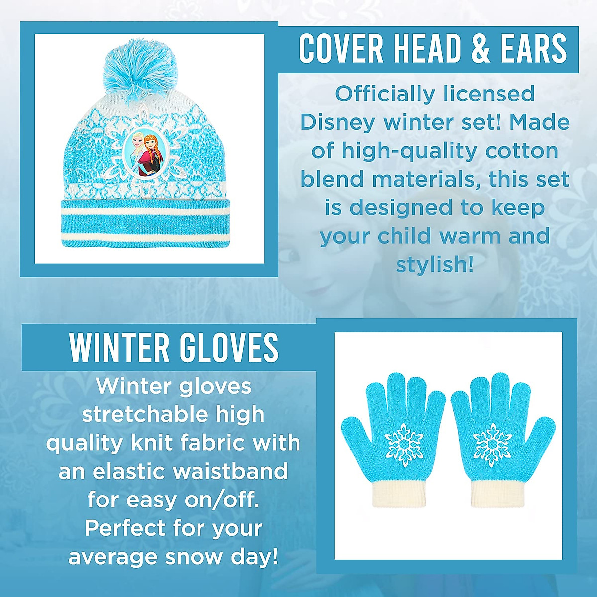 Disney Frozen Girls and Toddler Beanie Hat and Toddler Snow Gloves, Elsa and Anna Kids Toddler Winter Hat with Snow Gloves