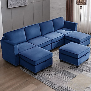 Horgaeo Reversible Sleeper Sectional Sofa, Modular U Shaped Couch with Storage Ottoman, Angle-Adjustable Armrest Velvet Fabric Sofa with Convertible Chaise for Living Room, Apartment, Studio (Blue)