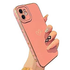 Skyseaco Compatible with iPhone 12 Case, Cute Luxury Plating Heart Case for Women Girls, Soft TPU Full Camera Shockproof Protective Case for iPhone 12 6.1 inch.(Pink)