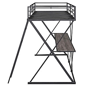 ATY Metal Loft Bed with Wood Desk and Ladder, X-Shaped Twin Size Bedframe w/Full-Length Guardrails, for Kids Teens Adults, Bedroom Furniture, Black