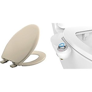 Bemis Affinity Toilet Seat and Bidet Bundle, Slow Close Wood Toilet Seat with Non-Electric, Easy to Install SlimGlow Bidet Attachment, Elongated, Almond