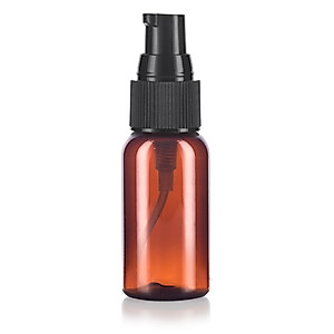 JUVITUS Amber 1 oz Boston Round PET Bottles (BPA Free) with Black Treatment Pump (24 Pack)