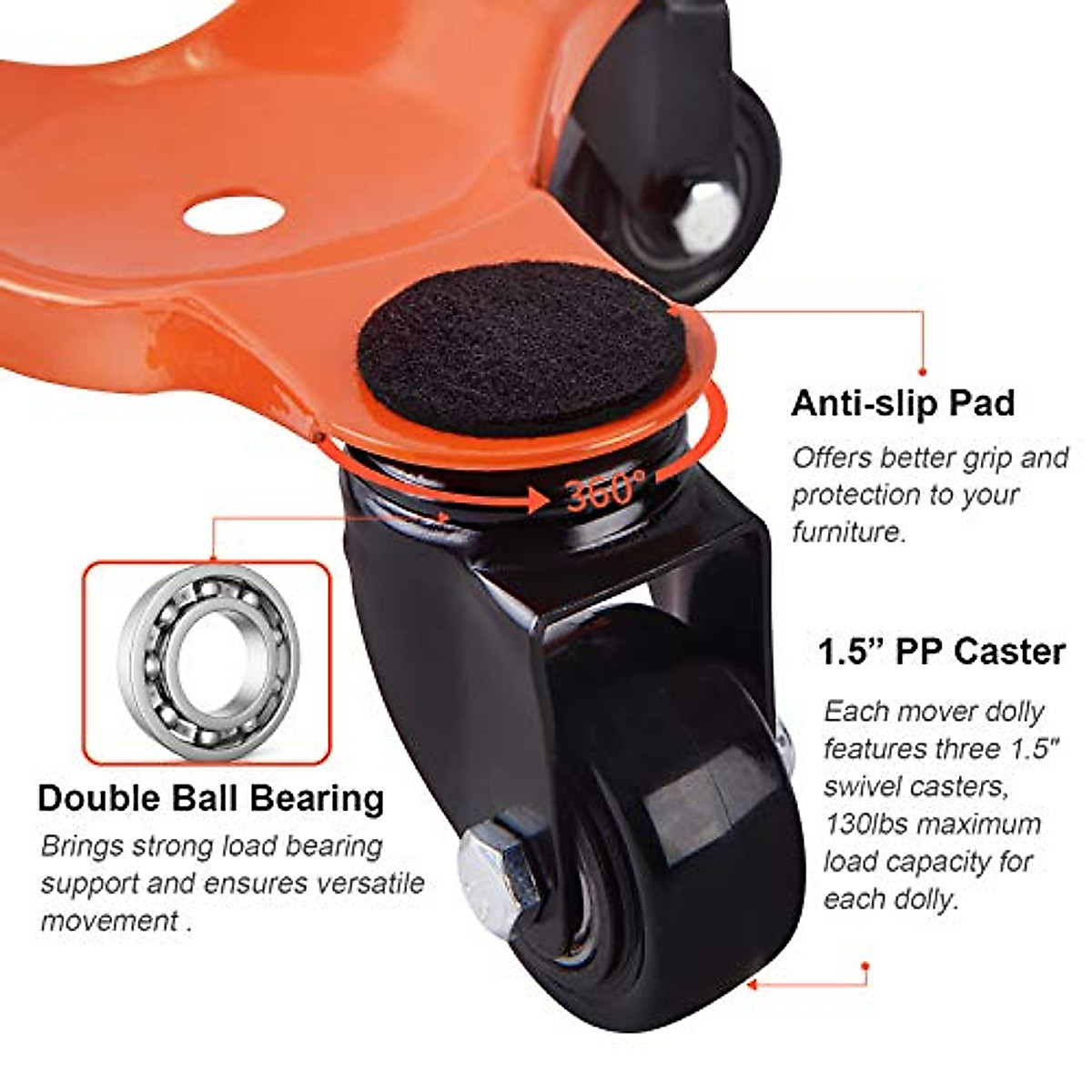 Ronlap Furniture Dolly, Furniture Movers with Wheels, 3 Wheel Dolly 4 Pack with Lifter, 6-Inch Steel Tri-Dolly, Pool Table Moving Dollys Heavy Furniture Roller Move Tools, 500Lbs Load Capacity, Orange