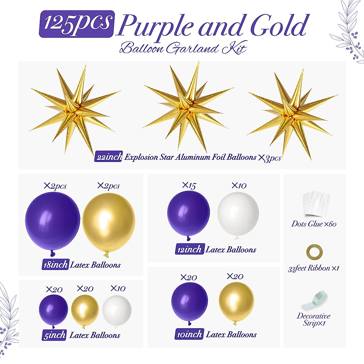 FOTIOMRG Purple and Gold Balloons Garland Arch kit with 3pcs Star Balloon, Metallic Gold Dark Purple White Balloons for Wedding Birthday Baby Shower Anniversary 2024 Graduation Party Decorations