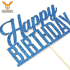 INNORU Blue Glitter Happy Birthday Cake Topper, Anniversary Party, Birthday Sign Cake Topper, Adults Children Teenager Birthday Party Cake Decoration Supplies
