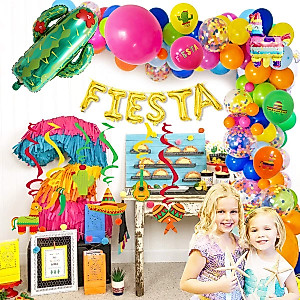 Fiesta Party Decorations Fiesta Balloon Garland Cactus Foil Balloon Mexican Cinco de Mayo Baby Shower Balloon Decoration Set Confetti Balloons with Llama Foil Balloons for Coco Party,Taco Party Decor