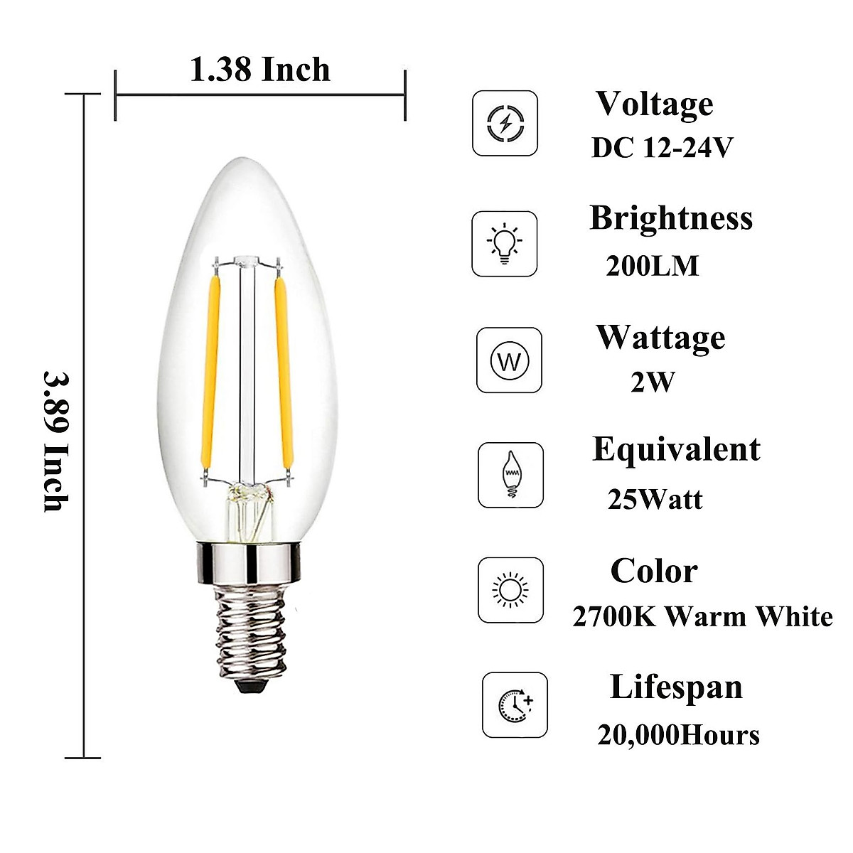 Beonllay 12 Volt LED Candelabra Bulbs E12 Base Light Bulb 25 Watt Warm White 2700K, 12-24 Volt Low Voltage Candelabra Bulbs LED 2W for 12 Volt System, 6 Pack
