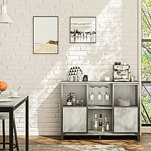 Bestier Industrial Bar Cabinet for Liquor and Glasses with Sliding Metal Mesh Door Kitchen Accent Sideboard Buffet Wine Rack with Adjustable Shelf Home Bar Furniture Gray