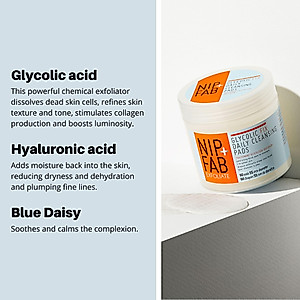 Nip + Fab Glycolic Acid Fix Daily Cleansing Pads for Face with Hyaluronic Acid, Witch Hazel, Exfoliating Resurfacing AHA Facial Cleanser for Exfoliation Even Skin Tone Brighten Skin, 60 Pads