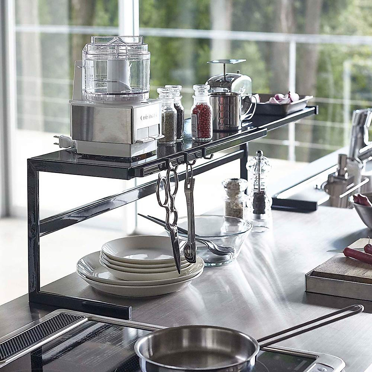 YAMAZAKI home 4481 Expandable Support Rack-Kitchen Storage Shelf Organizer, One Size, Black