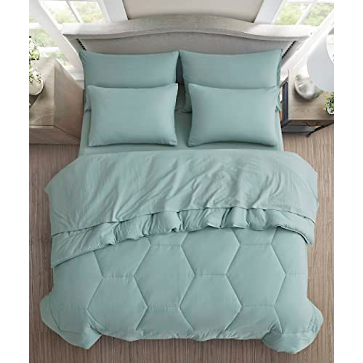 Chezmoi Collection Piper Twin Bed in a Bag 5-Pieces Honeycomb Geometric Hexagon Quilted Soft Washed Double Brushed Microfiber Comforter with Sheets Lightweight All Season Bedding Set (Twin, Aqua)