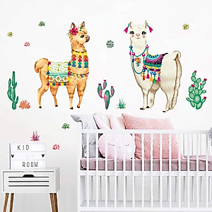 decalmile Large Llama Wall Decals Tropical Cactus Plants Wall Stickers Baby Nursery Kids Bedroom Living Room Wall Decor (H: 24 Inches)