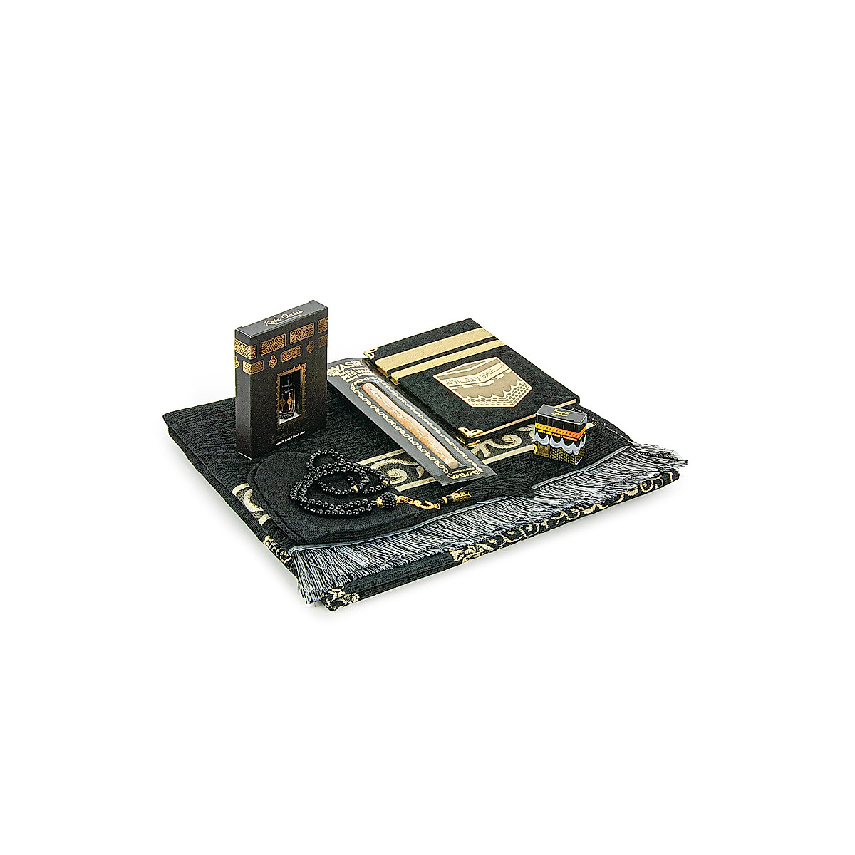 ihvan online Prayer Gift Set for Men & Women, Muslim Prayer Rug, Prayer Mat, Beads Taasbih, Velvet Covered Yaseen, Muslim Kufi Hat, Miswak, Islamic Gift Set for Ramadan & Eid, Black