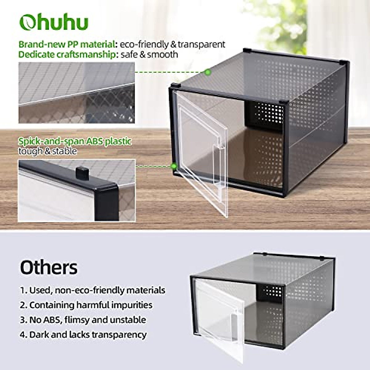 Ohuhu Shoe Storage Box Clear Organizer XL Large Size Stackable Plastic Shoes Containers - Sneaker Closet Drawer Type Front Opening - 6 Pack Boot Bins Display Case Cubby Holders Fit Up to US Men 14