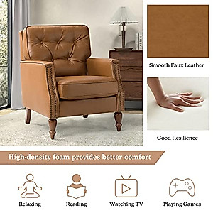 HULALA HOME Faux Leather Accent Chair Set of 2 with Nailhead Trim, Button Tufted Comfy Upholstered Armchair with Removable Cushion, Traditional Single Sofa Chair for Living Room Bedroom Office, Camel