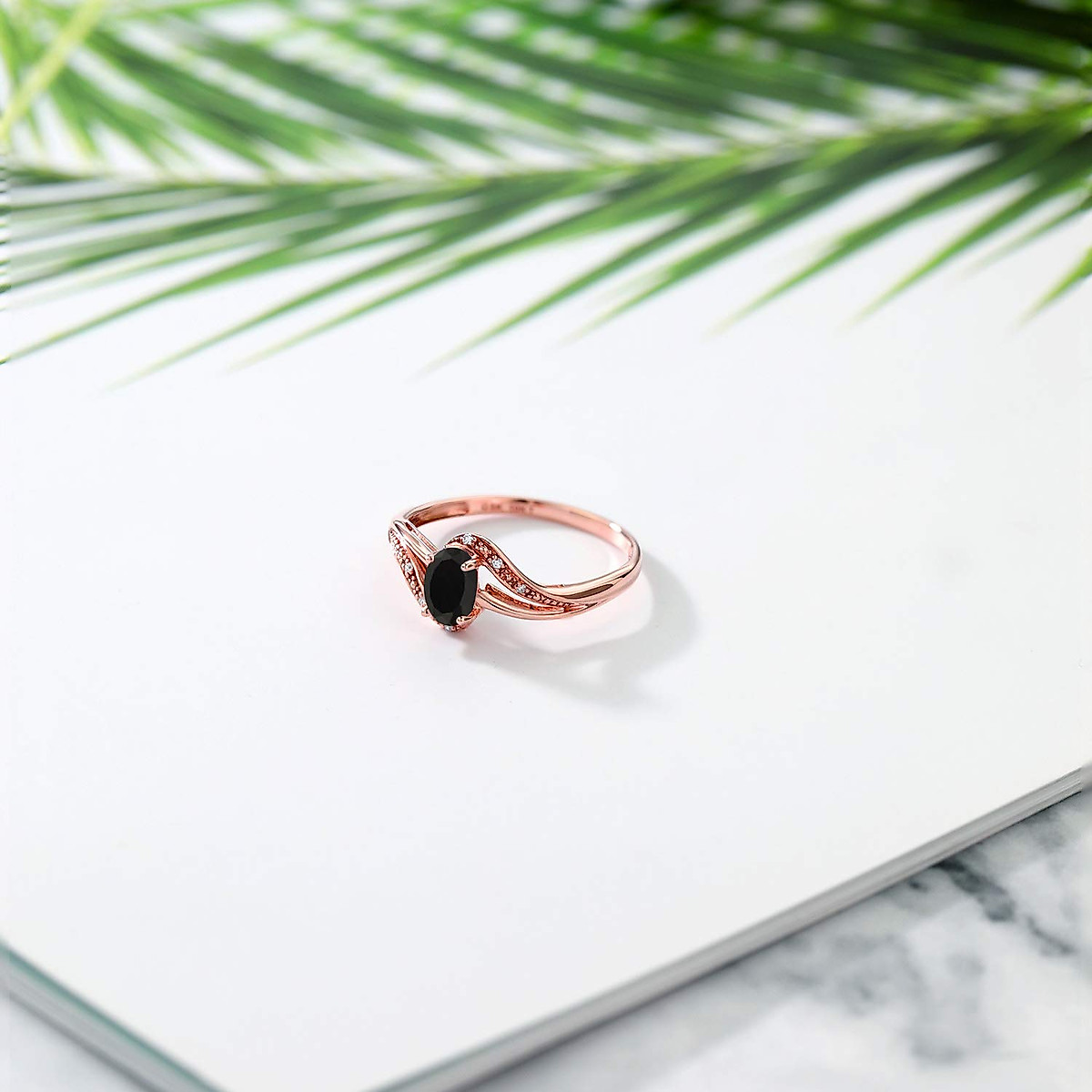 Gem Stone King 10K Rose Gold Black Onyx and Diamond Engagement Ring For Women (0.43 Cttw, Gemstone Birthstone, Available In Size 5, 6, 7, 8, 9)