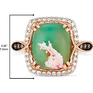 LE VIAN 4 2/3 Carat Cushion Shaped Green Aquaprase Cabochon White Topaz and Smokey Quartz Halo Statement Ring for Women in 14k Rose Gold Plated 925 Sterling Silver Promise Anniversary Ring Size 10