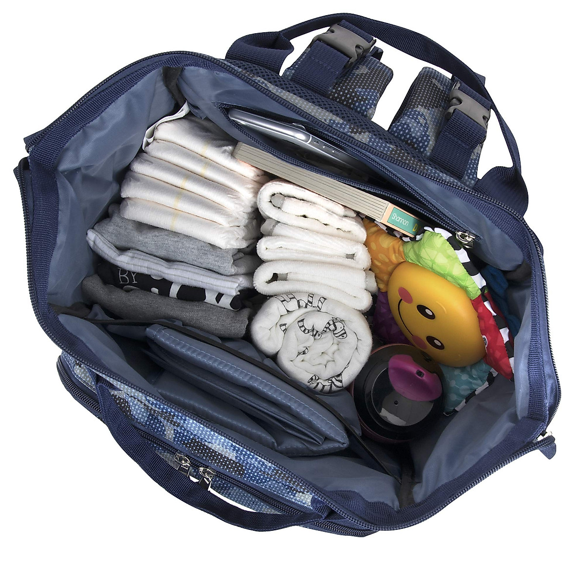 Wide Open Frame Diaper Bag Backpack and Nappy Travel Bag Tote with Changing Pad, Stroller Straps (Blue Camo)