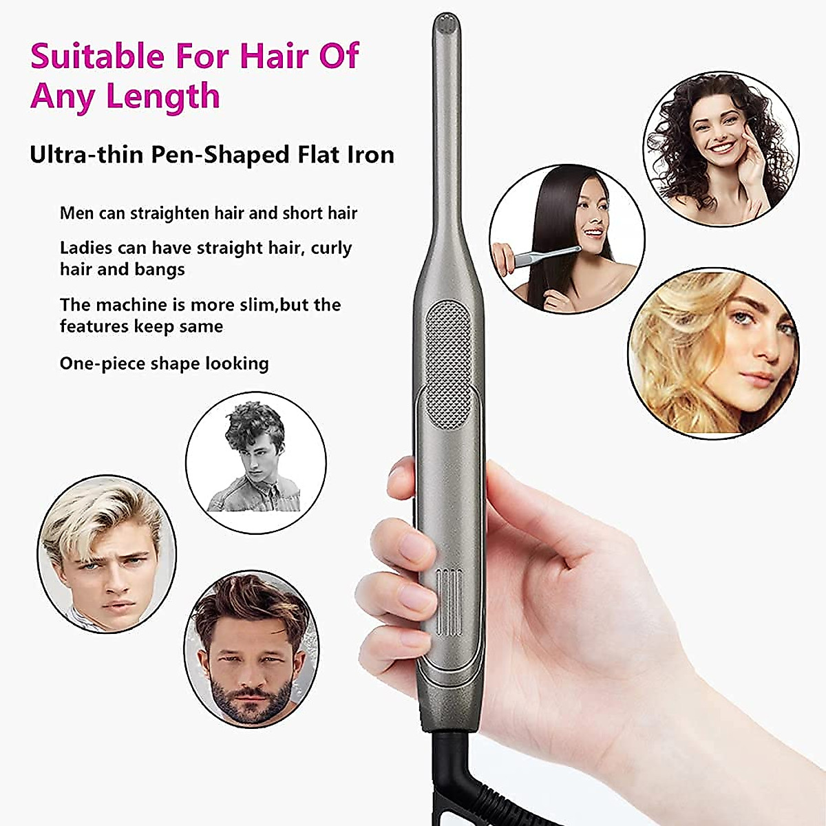 Short Hair Small Flat Iron, Hair Straightener and Curling Iron in one, mvxitanny Pencil Hair Straightener, Adjustable Temperature Straight with 1/3 inch Beard, Instant Heating, Dual Voltage