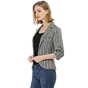 Allegra K Women's Striped 3/4 Sleeves Open Front Notched Lapel Blazer M Black
