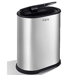 IRISVO Bathroom Trash Can with Press Top Lid, 2.1 Gallon Small Slim Trash Can, Stainless Steel Narrow Garbage Can Wastebasket Trash Can,Removable Liner Bucket Trash Bin for Bathroom,Bedroom(Silver)