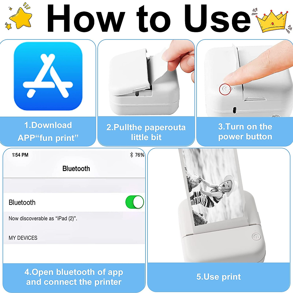 Carpower Mini Printer Portable, Pocket Thermal Printer with 7 Rolls Paper, Bluetooth Wireless Instant Printer for Picture Receipt Label Note Inkless Printing