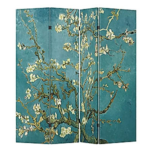 4 Panel (Original Teal Color) Wood Folding Screen Decorative Canvas Privacy Partition Room Divider - Vincent Van Gogh's Almond Blossoms
