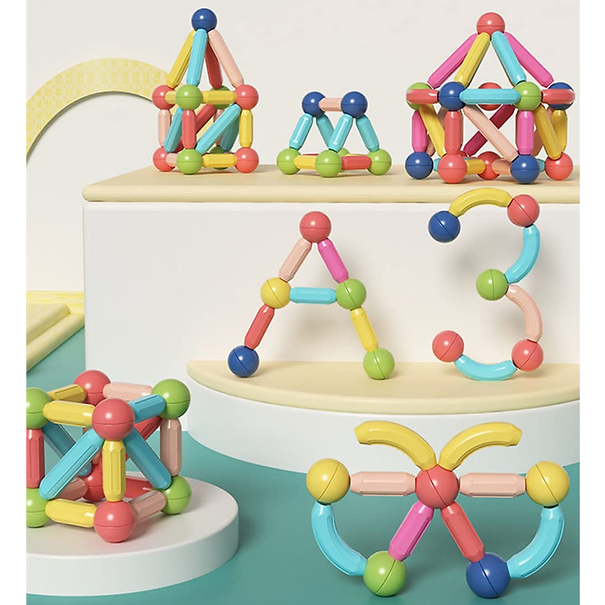 fengyang 64 PCS DIY Magnetic Balls and Rods Set Building Sticks Blocks Vibrant Colors Different Sizes Curved Shapes Children Educational Stacking STEM Magnet Toys for Kids Age 3+…