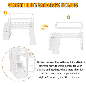 CITYLIGHT Twin Loft Bed with Stairs and Slide, Wooden House Loft Bed with Slide, Loft Bed Twin with Storage Staircase, Kids Loft Bed Frame for Girls or Boys,No Box Spring Needed, White