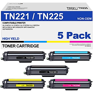 TN221 TN225 Toner Cartridge High Yield Replacement for Brother TN 221 TN 225 Compatible with MFC-9130CW HL-3170CDW HL-3140CW HL-3180CDW MFC-9330CDW (2 Black, 1 Cyan, 1 Magenta, 1 Yellow, 5 Pack)