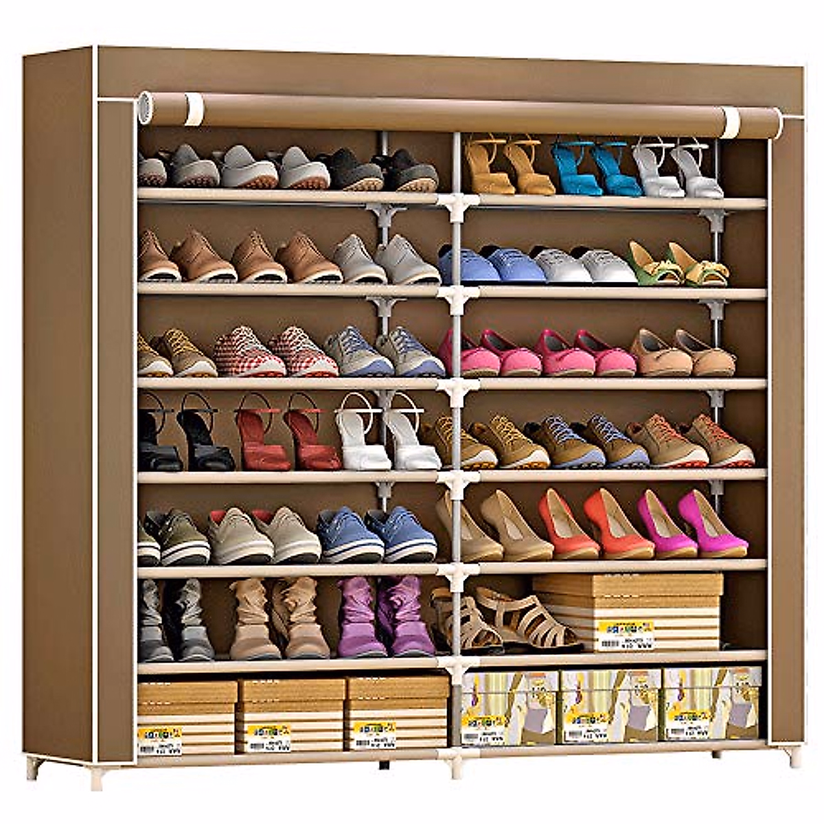 IBEQUEM Double Row 7-Tier Shoe Rack, Stackable Non Woven Cover Shoe Storage Cabinet, Metal Shoe Tower Cabinet Holds 28 Pair, Portable Shoe Shelf for Closet, Balcony, Bedroom Entryway (Coffee)