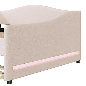 Luxo Abode Full Size Teddy Fleece Upholstered Daybed with Smart LED Light and Trundle, Solid Wood Bed Frame, Easy to Assembly and No Box Spring Need, for Bedroom, Apartment, Guest Room, Beige